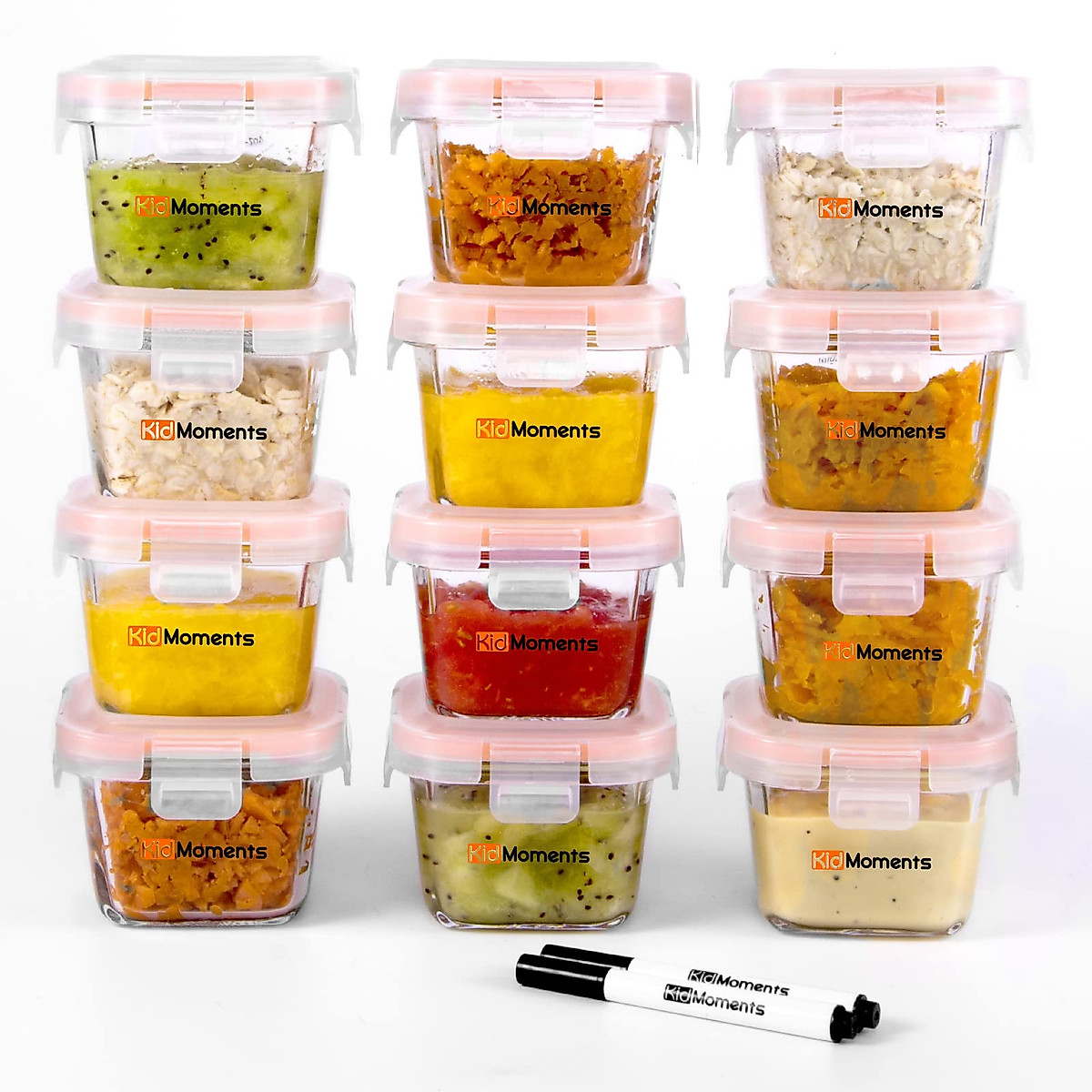 KidMoments 6 oz Set of 12 Glass Baby Food Jars, Glass Containers with Airtight Lids for Toddler, Reusable Leakproof Baby Bullet Jars with Small Size, Oven, Freezer, Microwave & Dishwasher Safe