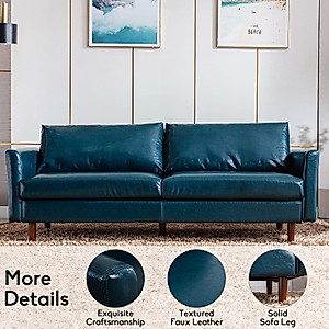 Dreamsir 80'' Faux Leather Sofa Couch, Mid-Century Modern Couch with Solid Wooden Frame & Padded Cushions, 3-Seater Couch for Living Room, Apartment, Lounge Room (Peacock Blue)