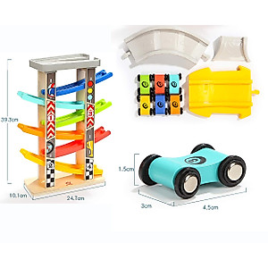 TOP BRIGHT Toddler Toys Race Track for 2 Years Old Boy Gifts - Baby Car Toy Car Ramp Vehicle Playsets with 4 Wooden Cars & Garage