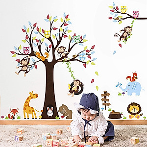 LiveGallery Cartoon Animals Wall Decals Removable Tree Wall Stickers DIY Owls Wall Art Cute Monkey Elephant Giraffe Wall Decal for Kids Boys Children Bedroom Playroom Nursery Rooms Decoration 39"x65"