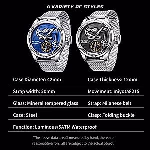 PINDU Automatic Watches for Men, Self-Designed and Modified 8215 Movement Oil Well Digging Design 50M Waterproof Analogue Watches Mens Unique Cool Mechanical Watch (Black Dial Silver Mesh Strap)