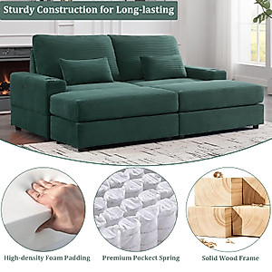 KIVENJAJA 82.7” Corduroy Sectional Couch, Double Chaise Lounge Sofa, Deep Seat Oversized Loveseat with Ottomans, Cup Holder & USB Port for Living Room Apartment Small Space, Green