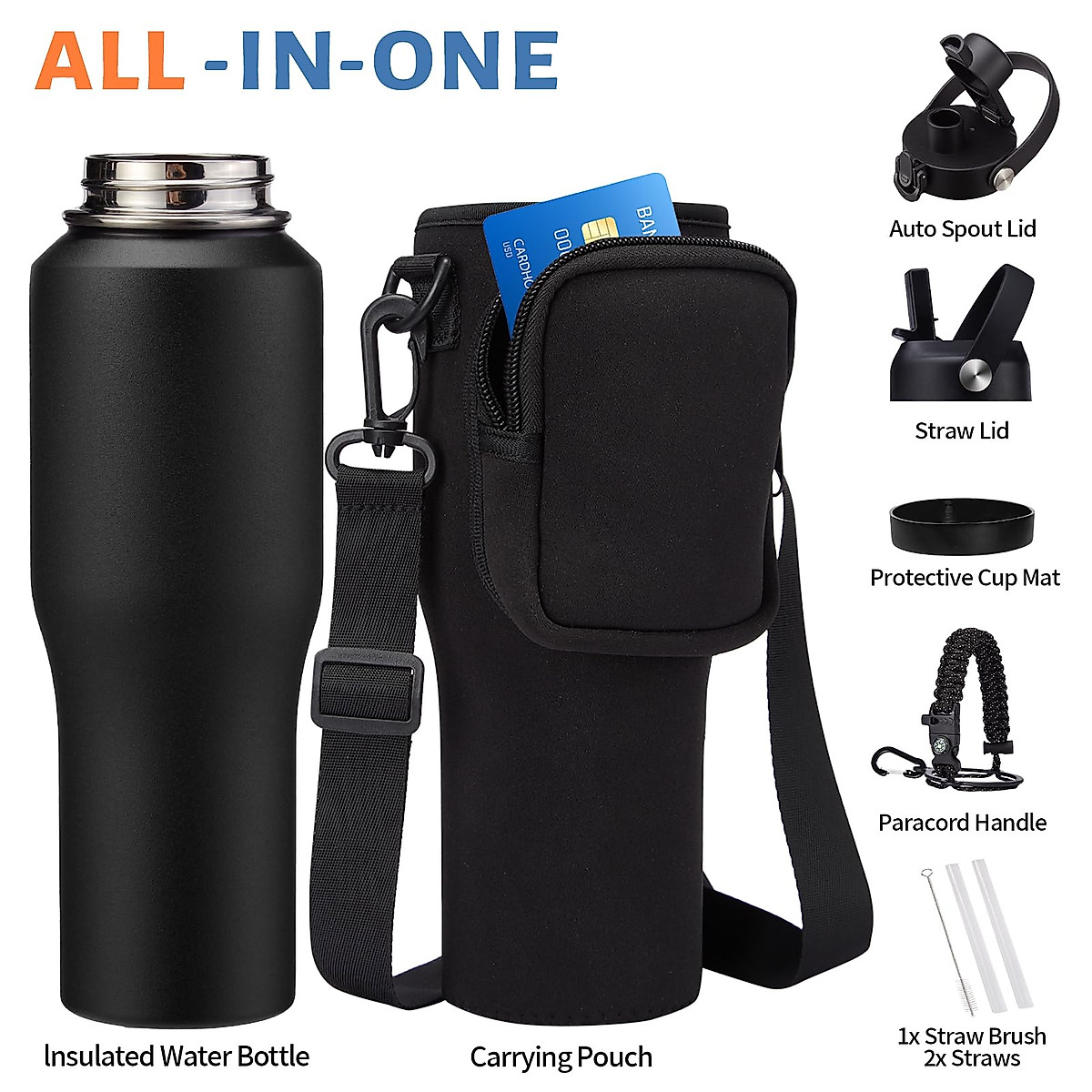 32oz Tumblers Insulated Water Bottle - Fits Car Cup Holder, Cold 48H Hot 24H, Leakproof Stainless Steel Water Bottles with Straw & Pop-up Spout Lid, Paracord Handle, Bottle Holder Bag & Flask Boot