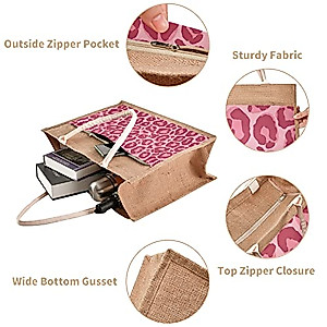 Leopard Pink Tote Bag Jute Cloth Large Capacity Trendy Durable Purses Handbags for Women Girls 4 Size