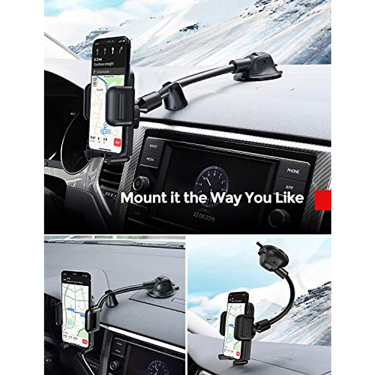 Car Cell Phone Holder Mount - Strong Suction Cup Windshield Dashboard Phone Holder, Long Arm Car Cell Phone Holder Compatible with iPhone 14 13 12 11 X 8 7 6 Series and Other Phones Under 6.9 inches