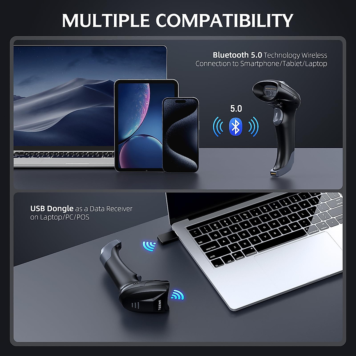 TEEMI QR Bluetooth Barcode Scanner, 1D 2D Wireless USB Imager for iPhone ipad Andriod Smartphone Tablet Mac Windows PC, Support PDF417 Driver License, Stable Bluetooth 5.0 Technology, with USB Dongle