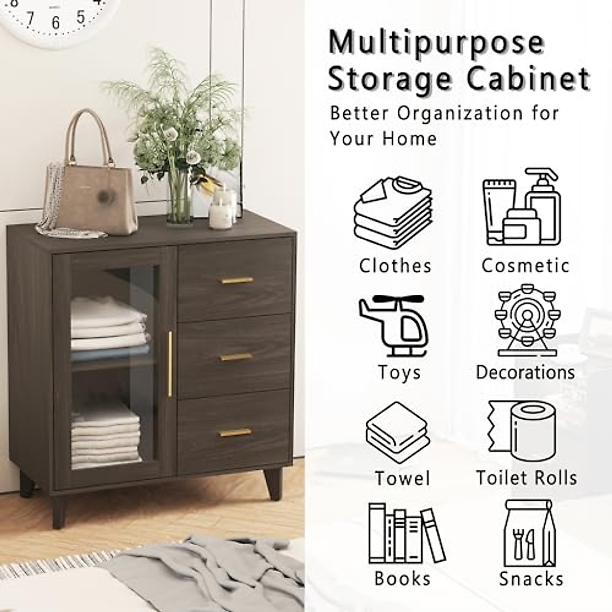 Function Home Sideboard Buffet, Storage Cabinet with Glass Door, Wood Accent Console with Drawers, Mid Century Coffee Bar for Kitchen, Living Room, Hallway, Entry, Walnut