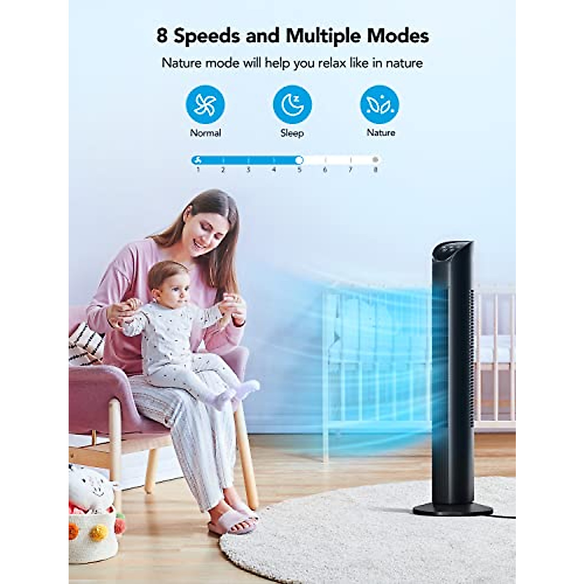 Govee Smart Tower Fan for Bedroom with Hygrometer Thermometer H5177, WiFi Oscillating Fan with Auto Mode, App Control, Room Fan with 8 Speeds 3 Modes, 24H Timer, Works with Alexa for Home Office