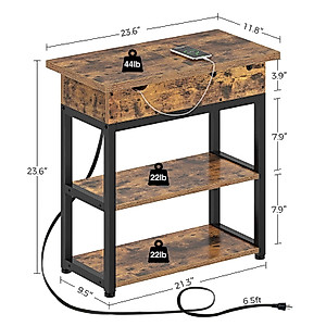Rolanstar End Table with Charging Station, Narrow Nightstand, Flip Top Side Table with USB Ports and Storage Shelves for Small Spaces, Living Room, Bedroom, Black