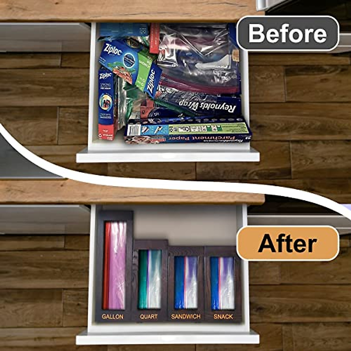 Nasri Ziplock Bag Organizer - Includes 20 Gallon size slider bags - Kitchen Food Storage Bag Organizer for Drawer, compatible with Ziploc and all other Slider and Regular Bags, larger quart box