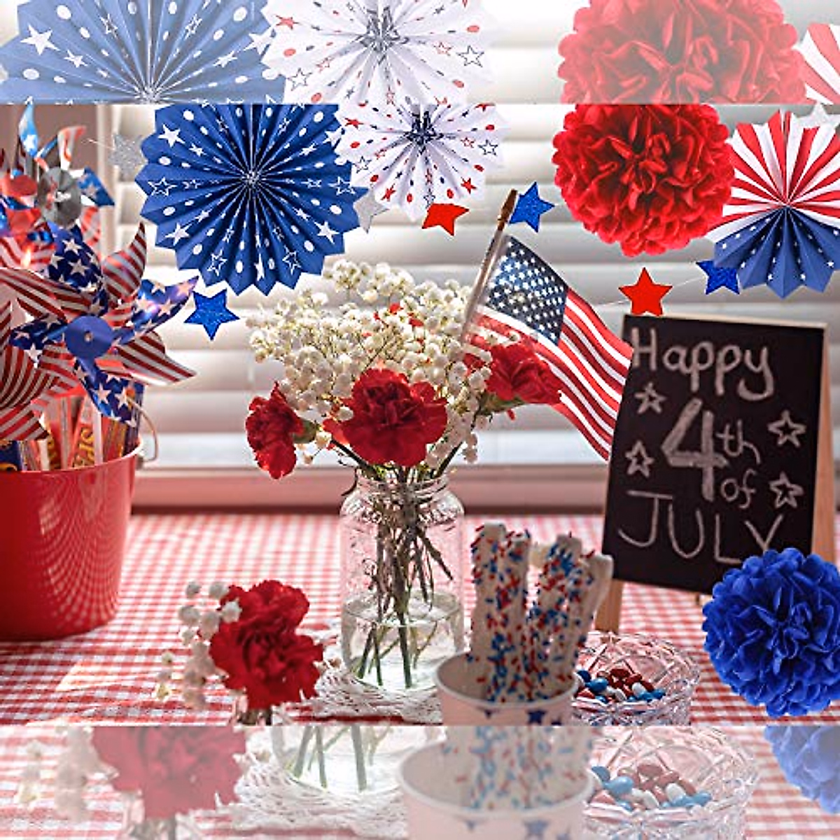 Cmaone 25Pcs Patriotic Party Decorations Set, 4th of July American Flag Party Supplies Hanging Paper Fans, Pom Poms, Red White Blue Star Garland, Tassel Garlands String, American Theme Party Decor