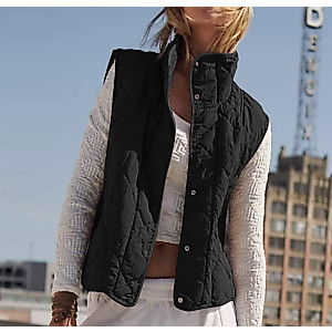 Veatzaer Womens Oversized Puffer Vest Cropped Quilted Stand Collar Lightweight Jacket Sleeveless Button Down Tops