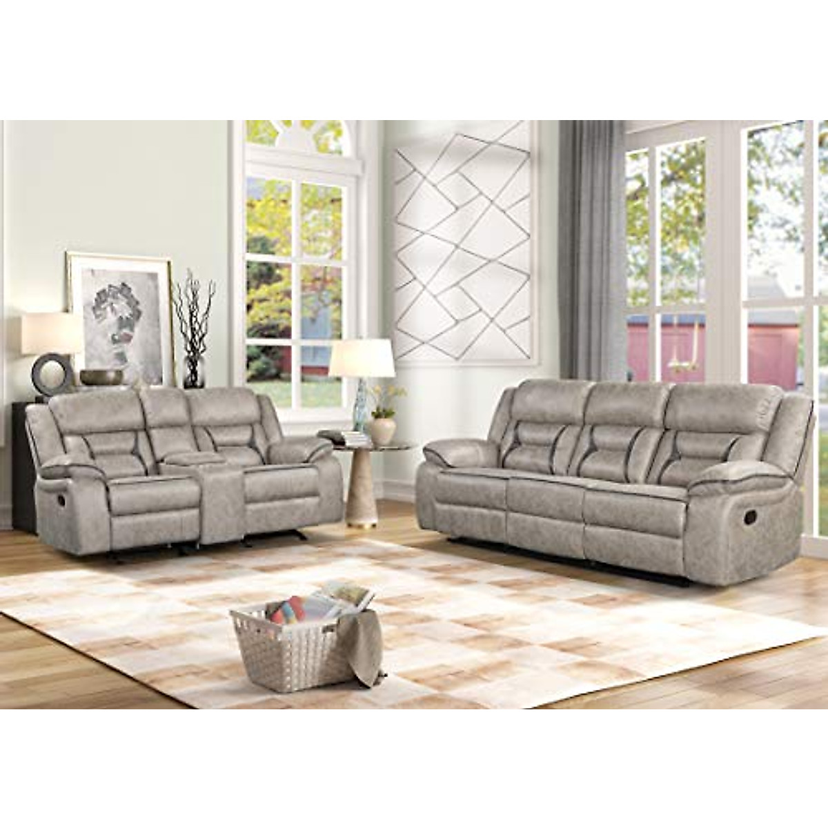 Roundhill Furniture Elkton Manual Motion Reclining Sofa and Loveseat with Storage Console, Taupe
