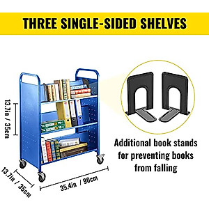BestEquip Book Cart, 200LBS Library Cart, 49.2''x35.4''x18.9'' Rolling Book Cart, Double Sided W-Shaped Sloped Shelves with Lockable Wheels for Home Shelves Office School Book Truck Blue