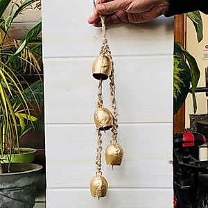 Handmade Brass Finish Hanging Bells for Door Chimes with Jute Rope, Shabby chic decorative bells for christmas 4 bells Wall Décor, winter holiday easter and home decor