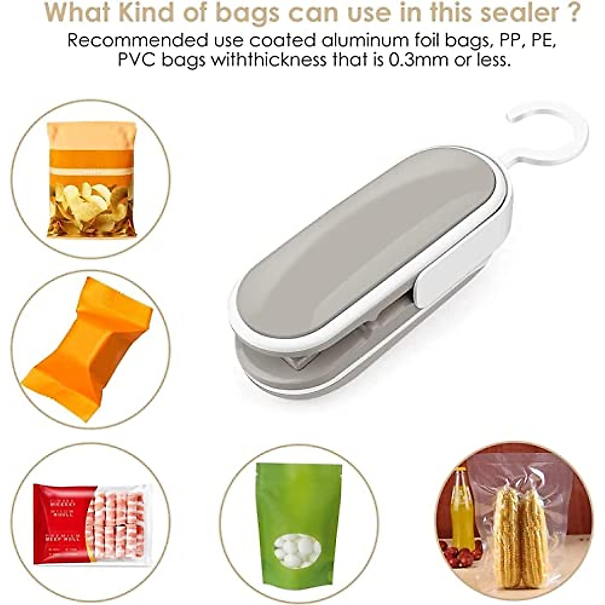 Mini Bag Sealer, Portable Sealing Bags Machine, Handheld Heat Food Vacuum Sealer Machine with Cutter and Hook for Snack, Plastic Bags, Storage, Potato Chip Cookie Bags (Grey 2PCS)