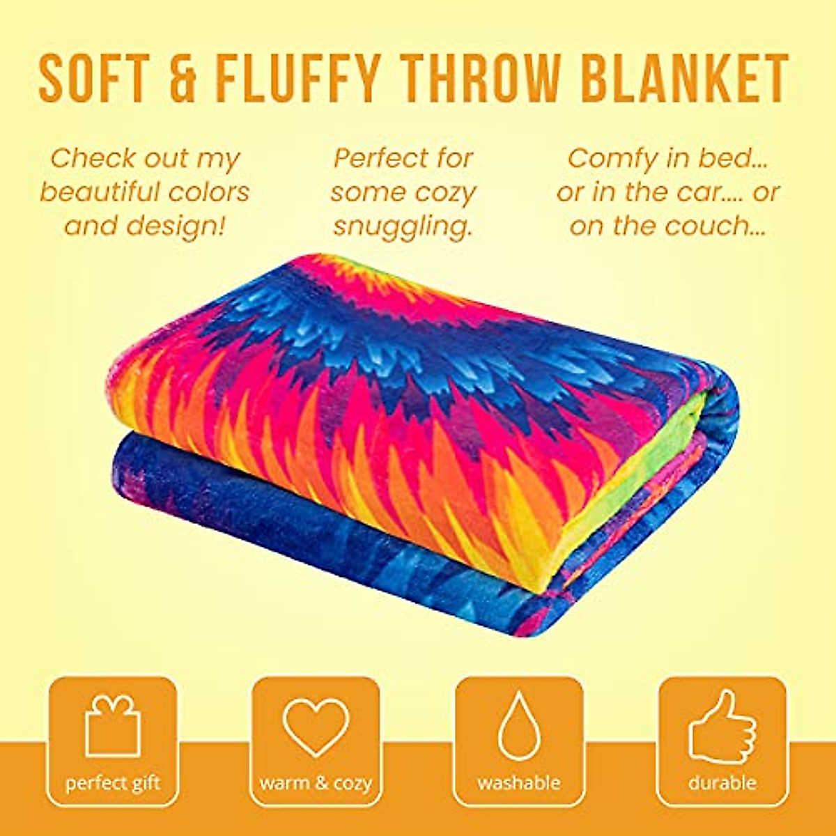 Tie Dye Throw Blanket, Adorable Super-Soft Extra-Large Rainbow Tie Dye Blanket for Women, Girls, Teens and Children (50 in x 60 in) Cute Fleece Tie Dye Throw, Warm Plush and Cozy Throw, Tapestry Décor