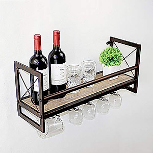 MBQQ Industrial Wine Racks Wall Mounted with Stemware Racks,24" Rustic Metal Hanging Wine Holder,Bottle Holder with 7 Stem Glass Holder,Metal&Wood Shelves Home Decor Wall Shelf,Retro Red