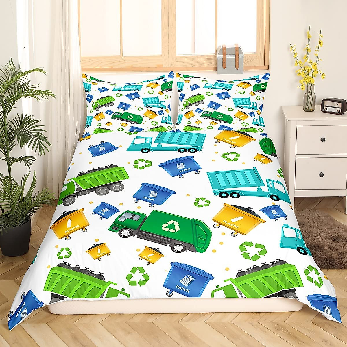 Feelyou Cartoon Garbage Truck Duvet Cover Green Trash Truck Bedding Set for Kids Boys Girls Teens Green Vehicle Car Comforter Cover Garbage Truck Toy Print Bed Set 2Pcs Zipper Twin Size (No Comforter)
