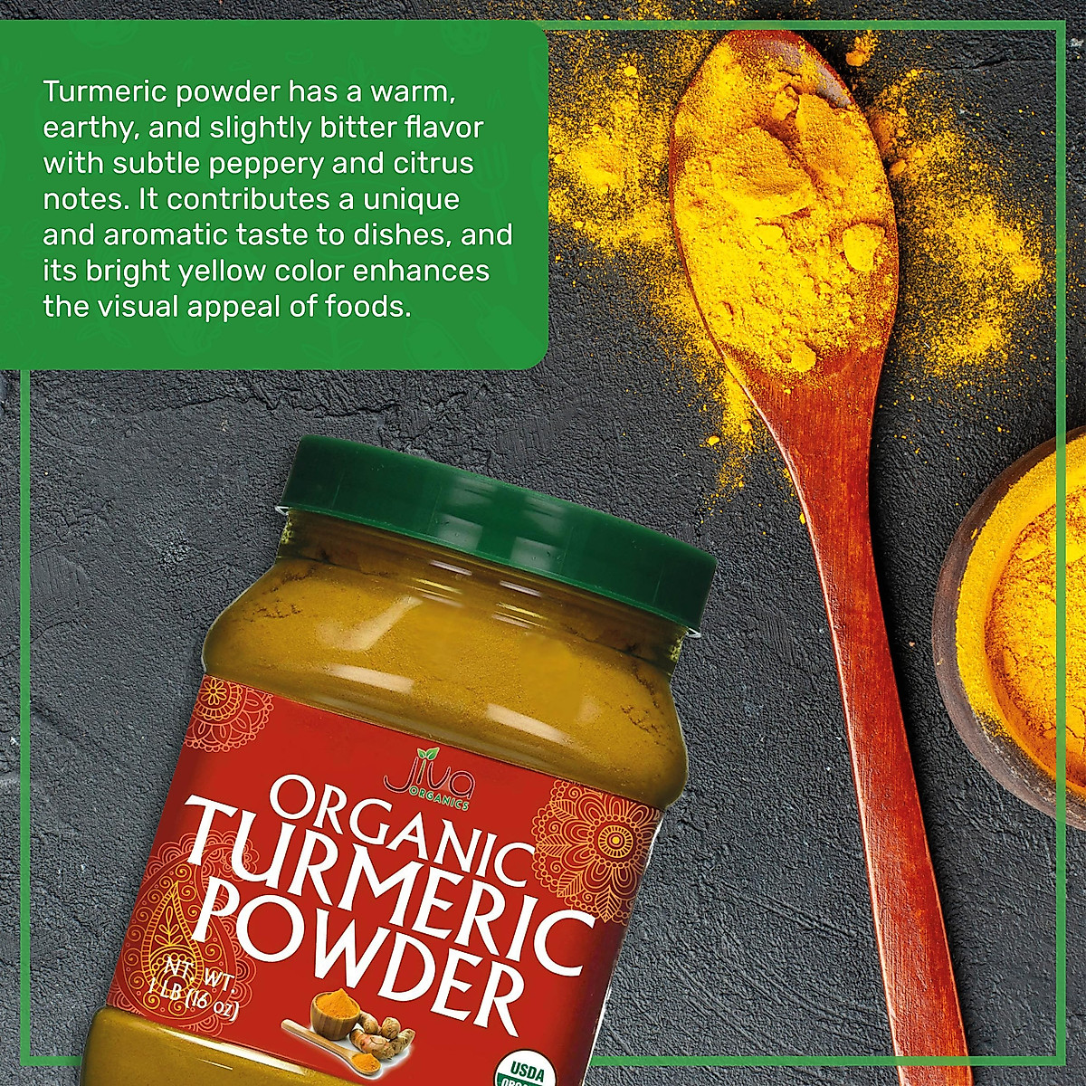 Organic Turmeric Powder 1 Pound Jar by Jiva Organics - 100% Raw with Curcumin - Lab Tested & Reports Available - Raw from India