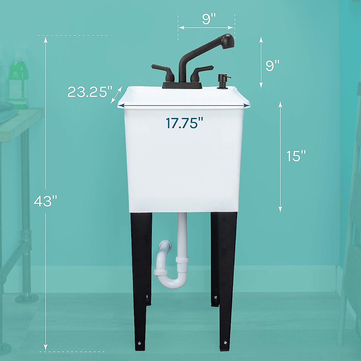 White Space Saver Utility Sink by JS Jackson Supplies, Freestanding Tehila Space Saving Laundry Tub, Black Pull-Out Faucet, Soap Dispenser