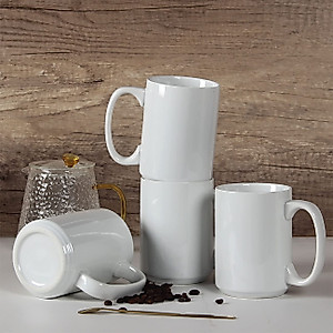 16 OZ Porcelain Coffee Mugs, Smilatte Classic Blank Ceramic Cup with Large Handle for Tea Latte Cappuccino, Set of 4, White
