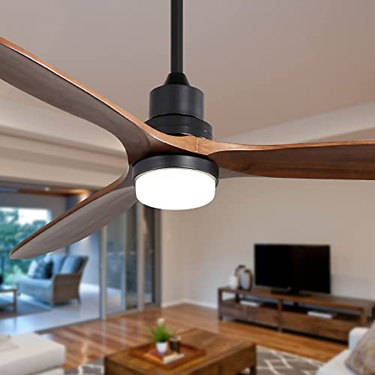 Sofucor Ceiling Fan 60'' Wood Ceiling Fan with Lights Remote Control Walnut Blades Dimmable Light Reversible DC Motor Modern Ceiling Fan for Kitchen, Bedroom, Basement, Dining, Living Room Matte Black