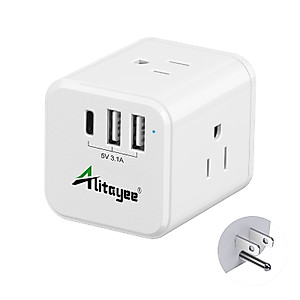 Alitayee USB C Multi Plug Outlet Extender,USB Outlet Splitter, Cube Multi Plug Adapter with 3 Outlets and 3 USB 15.5W Fast Charging, No Surge Protector for Cruise Travel Home Office ETL Listed White