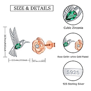 WOUOVO S925 Hummingbird Drop-Dangle Earrings - Waterdrop Flower Bird Eearring with Green Spinel Crystal Stone Mothers day Gifts for Mom and daughter (Rose Flower hummingbird)