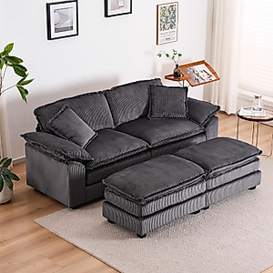 LuxyHoom 84.6" Sectional Sofa Couch, Loveseat Sofa Chaise Lounge, Modern Modular Convertible Couch, 2 Ottomans, 2 Pillows, Corduroy Upholstered Recliner for Living Room, Home Theatre, Apartment, Grey