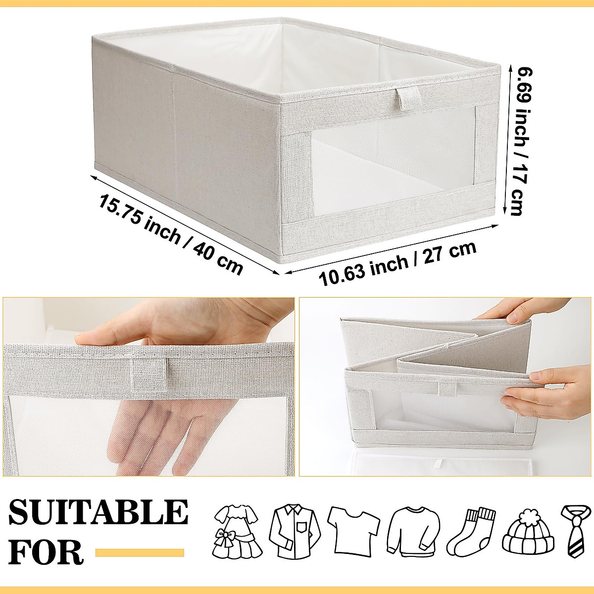 Kigley 8 Pcs Linen Closet Organizers and Storage Foldable Clothing Bins Large Foldable Box with Window Storage Baskets for Closet Shelf Clothes Jeans Toys Organization, Beige