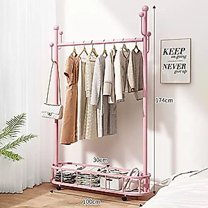 FAXIOAWA Metal Coat Rack Stand With Basket Garment Rail With 360° Wheel 4 Side Hooks Clothes Rack For Hall, Entryway, Bathroom And Living Room (Color : Pink, Size : 100cm)