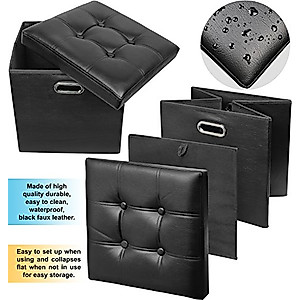 Greenco Faux Leather Tufted Ottoman Stool, Square Ottoman Storage Cube, Seat and Foot Rest, Collapsible and Versatile Black Storage Box