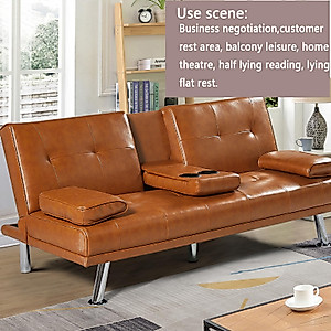 Convertible Futon Couch Sofa Bed, Modern Sleeper Leather Sofa Bed with Adjustable Back and 2 Cup Holders, Folding Loveseat Daybed Guest Bed for Living Room, Apartment, Office (Tan)