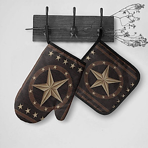 Western Texas Star Heat Resistant Oven Mitts and Pot Holders Set for Kitchen-Soft Cotton Lining with Non-Slip Surface for Safe BBQ Cooking Baking Grilling,Machine Washable