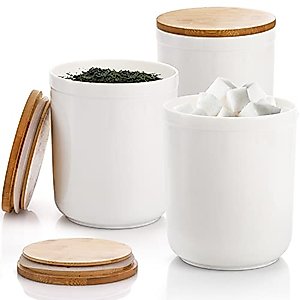 AVLA 3 Pack Ceramic Food Storage Jars with Bamboo Lids, 36 FL OZ White Kitchen Canisters Airtight Container for Serving Ground Coffee, Cookie, Tea, Sugar, Salt, Spices, Flour