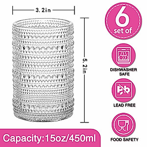 Consou Large Glasses Set of 6, 15 oz Hobnail Glassware Thick Glass Heavy Base