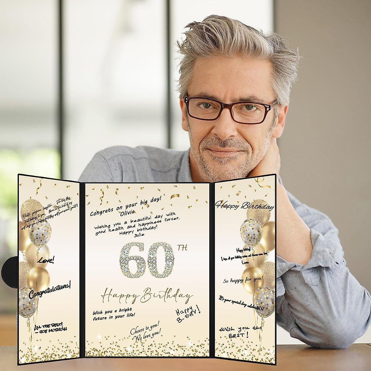 DARUNAXY Black Gold 60th Birthday Party Decorations, Happy 60th Birthday Alternative Signature Guest Book for Men Women Cheers to 60 Years Old Gifts 60 Birthday Signing Card Board Party Supplies
