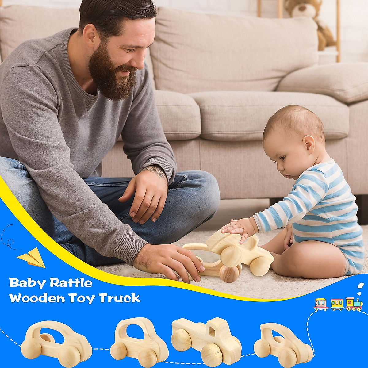 Fahacop 4 Pack Wooden Toy Cars Mini Push Wood Truck Car Natural Wood Toys for Baby Toddler Birthday Gifts Nursery Decoration, 4 Styles