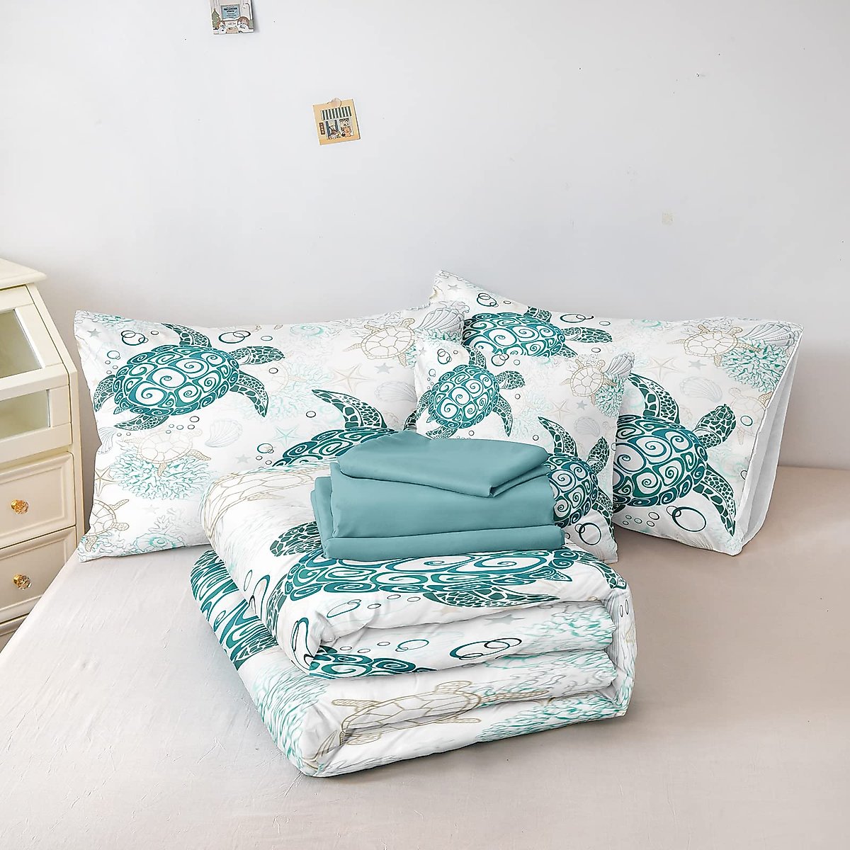MOVE OVER Coastal Bedding Set Queen Size Sea Turtle Comforter Set with Sheet Set Teal Blue Ocean Comforter Set Beach Theme Bedding Set 8 Pieces Teal Sea Turtle Bedding Set for Summer