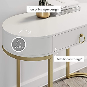 Nathan James Leighton Small Oval Glam Brass Accents, Vanity or Writing Desk for Home or Office, White/Gold
