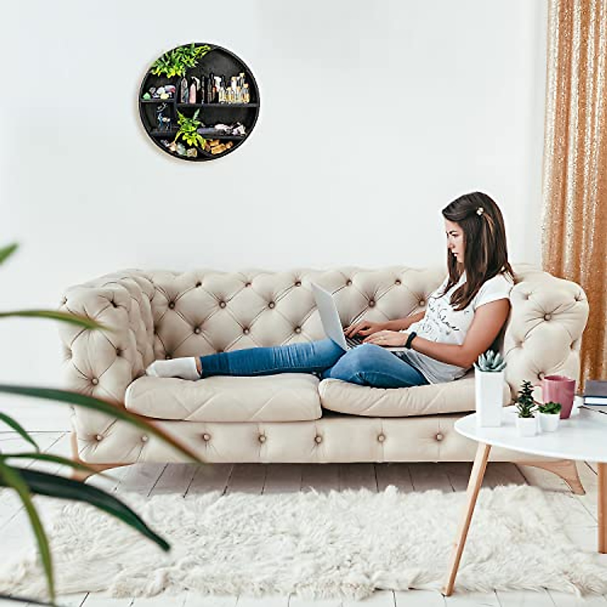 Crescent Moon Shelf Wall Decor - Black, Unique, Moon Shaped Floating Shelves for Crystal, Stones, Essential Oil Display Holder - Wooden Boho Wall Decor for Bedroom, Dorm, Living Room, Nursery