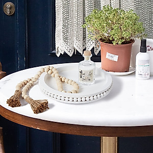 12 Inch White Beaded Lazy Susan for Table, Farmhouse Wooden Lazy Susan Turntable, Decorative Lazy Susan,360 Degrees Rotating Table Decor Spinning Tray