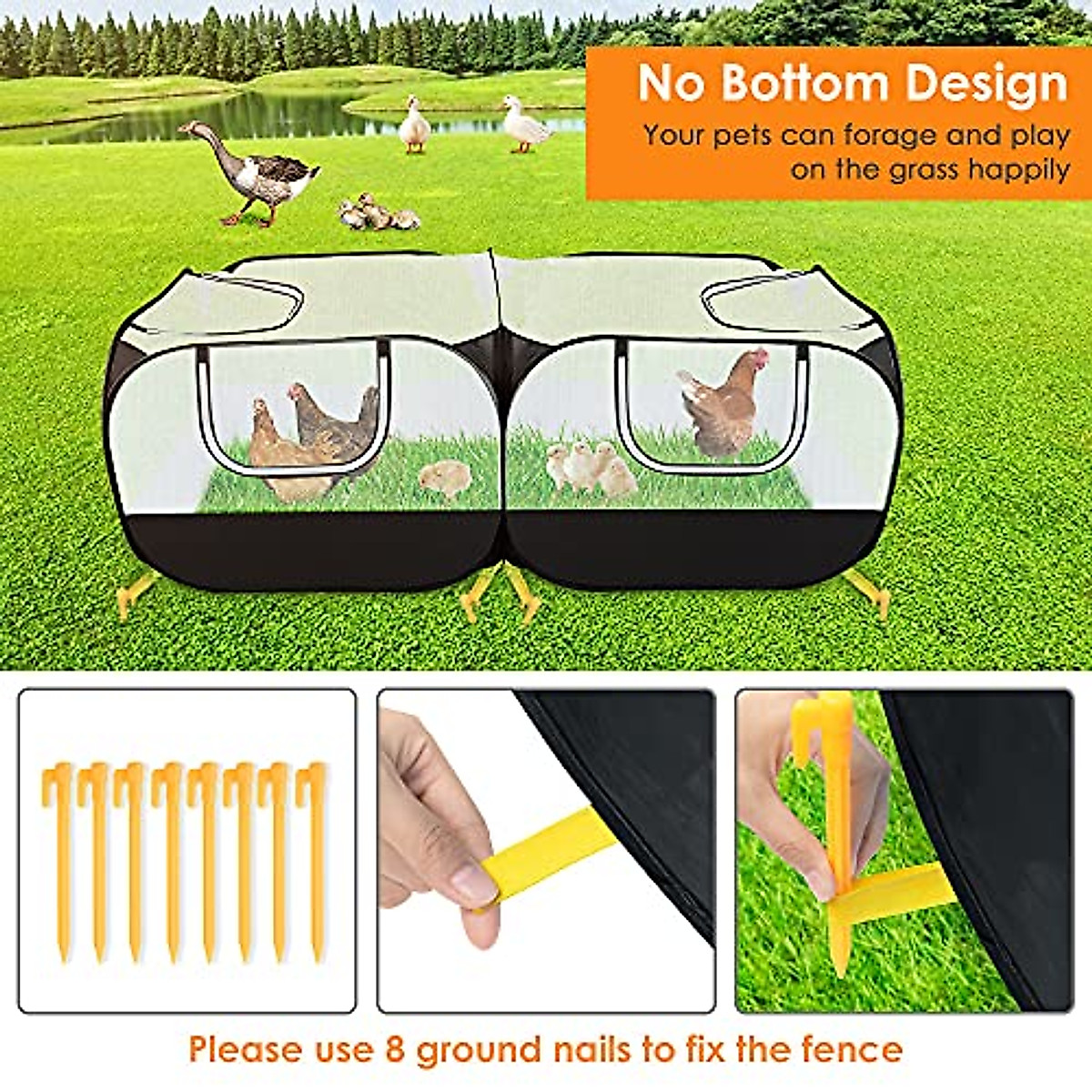 SlowTon Small Animals Playpen, Portable Large Chicken Run Coop with Breathable Transparent Mesh Walls Foldable Pet Cage Tent with 4 Zipper Doors for Puppy Rabbits Outdoor Yard (No Bottom)