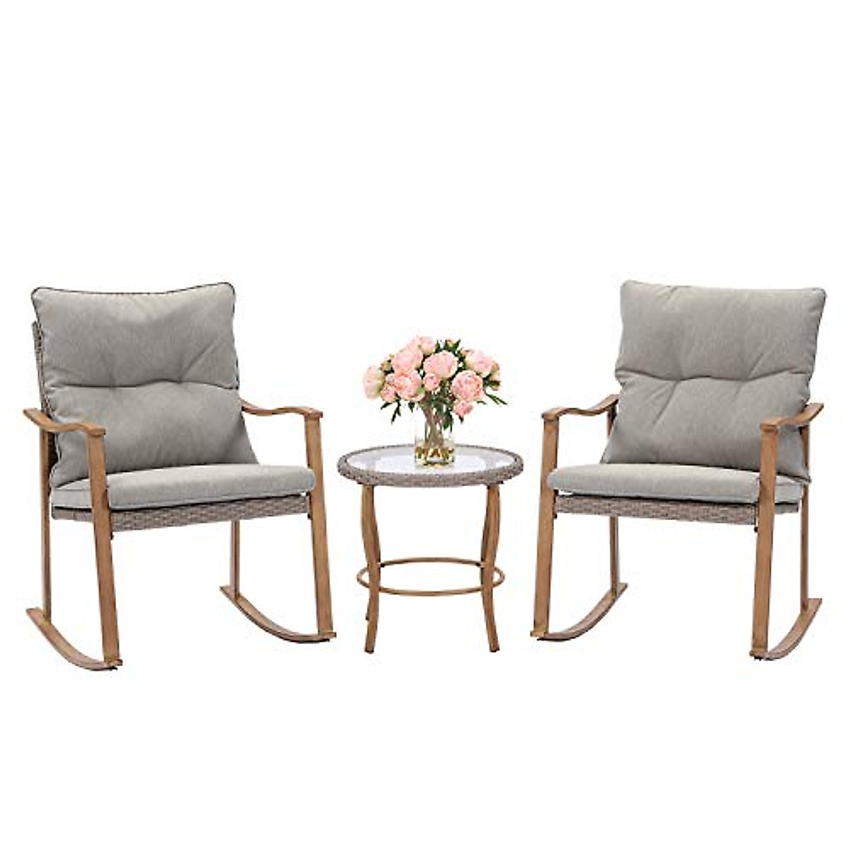 HOMPUS 3-Piece Outdoor Rocking Chairs Bistro Set Wicker Patio Furniture Set Wood Arm Rest Patio Rockes Set w Warm Gray Cushions, Front Porch Rocking Chairs with Glass Coffee Table for Balcony,Garden