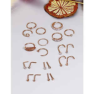 Vsnnsns 20G Nose Rings for Women Stainless Steel L Bone Screw Shaped Nose Studs Nose Rings CZ Nose Ring Hoop Nose Rings Studs Piercings Hoop Jewelry for Women Men Rose Gold 21Pcs
