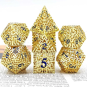 DND Dice Set D&D Metal Dungeons and Dragons Hollow Dice Tabletop Games Polyhedral Pathfinder Multi Sided Roleplaying RPG MTG 7 Board Accessories Gifts D4 D6 D8 D10 D12 D20 (Golden Blue)