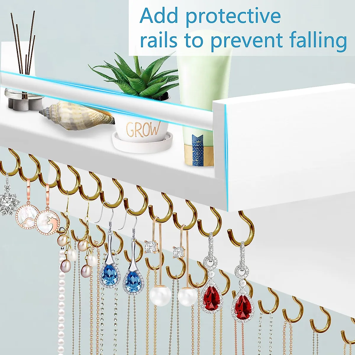 OURISE Necklace Holder Wall Hanging Jewelry Organizer with 30 Hooks & Cosmetics Shelf,Wall Jewelry Organizer for Necklaces Bracelet Earrings Ring