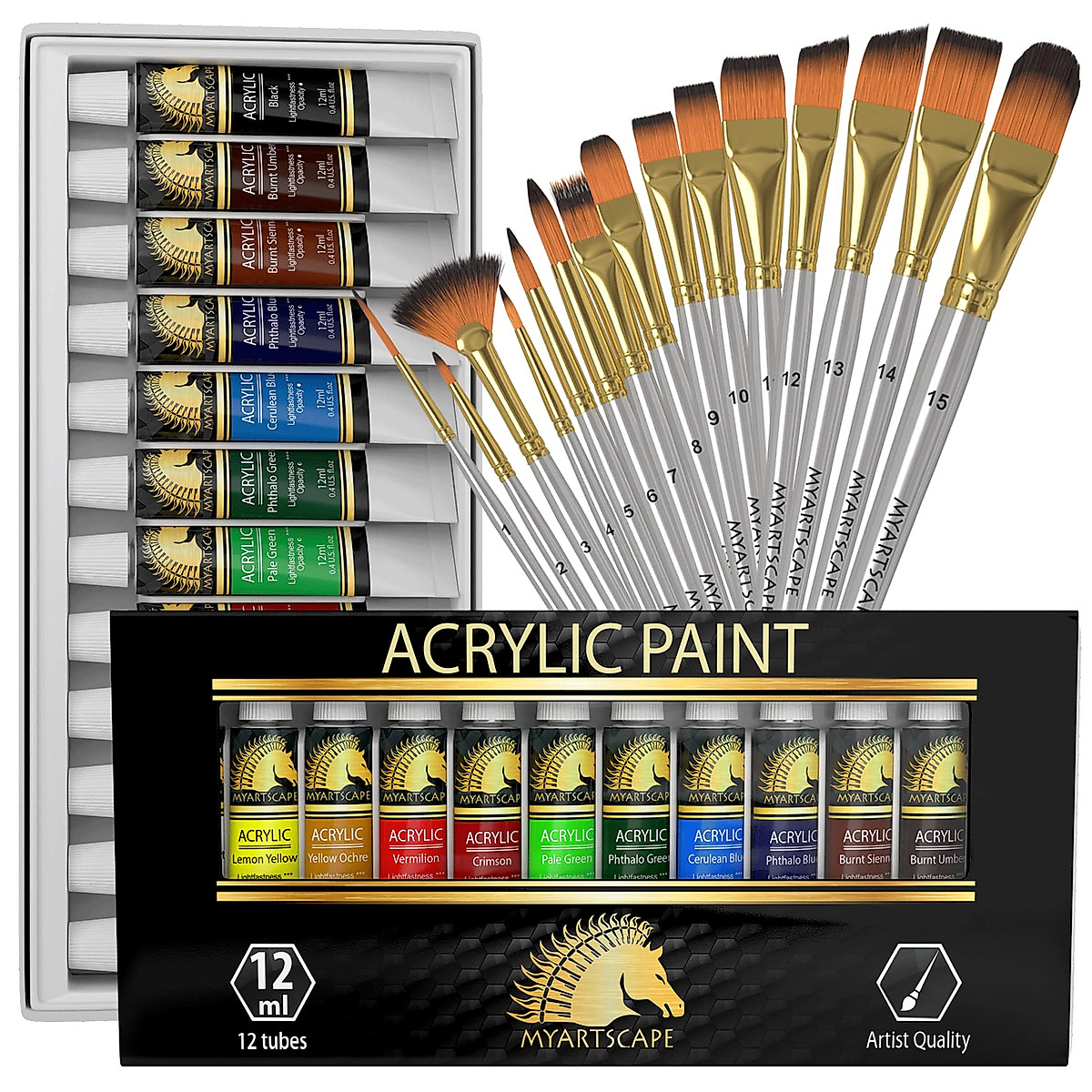MyArtscape Artist Quality Painting Set - Acrylic Paint Set - 12 x 12ml Tubes - with Premium Set of 15 Short Handle Art Brushes for Watercolor, Acrylic & Oil Painting