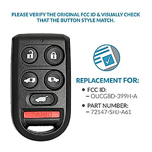 Keyless2Go Replacement for Keyless Entry Remote Car Key Fob for Select Honda Odyssey Vehicles That use OUCG8D-399H-A 72147-SHJ-A61, 6 Button